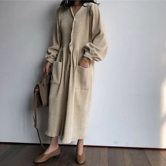 Dresses | Corduroy Dress Pocket Womens Khaki Beige Long Button Dresses ...